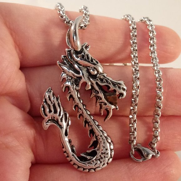 Accessories | Mens Silver Stainless Steel Carved 3d Fire Dragon Pendant ...